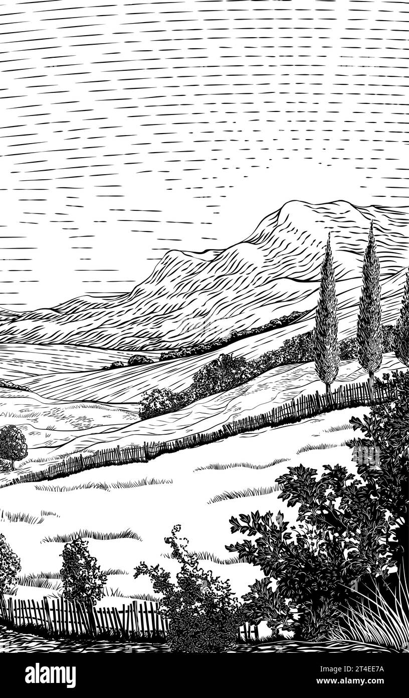 Farm field scenic countryside landscape Black and White Stock Photos ...