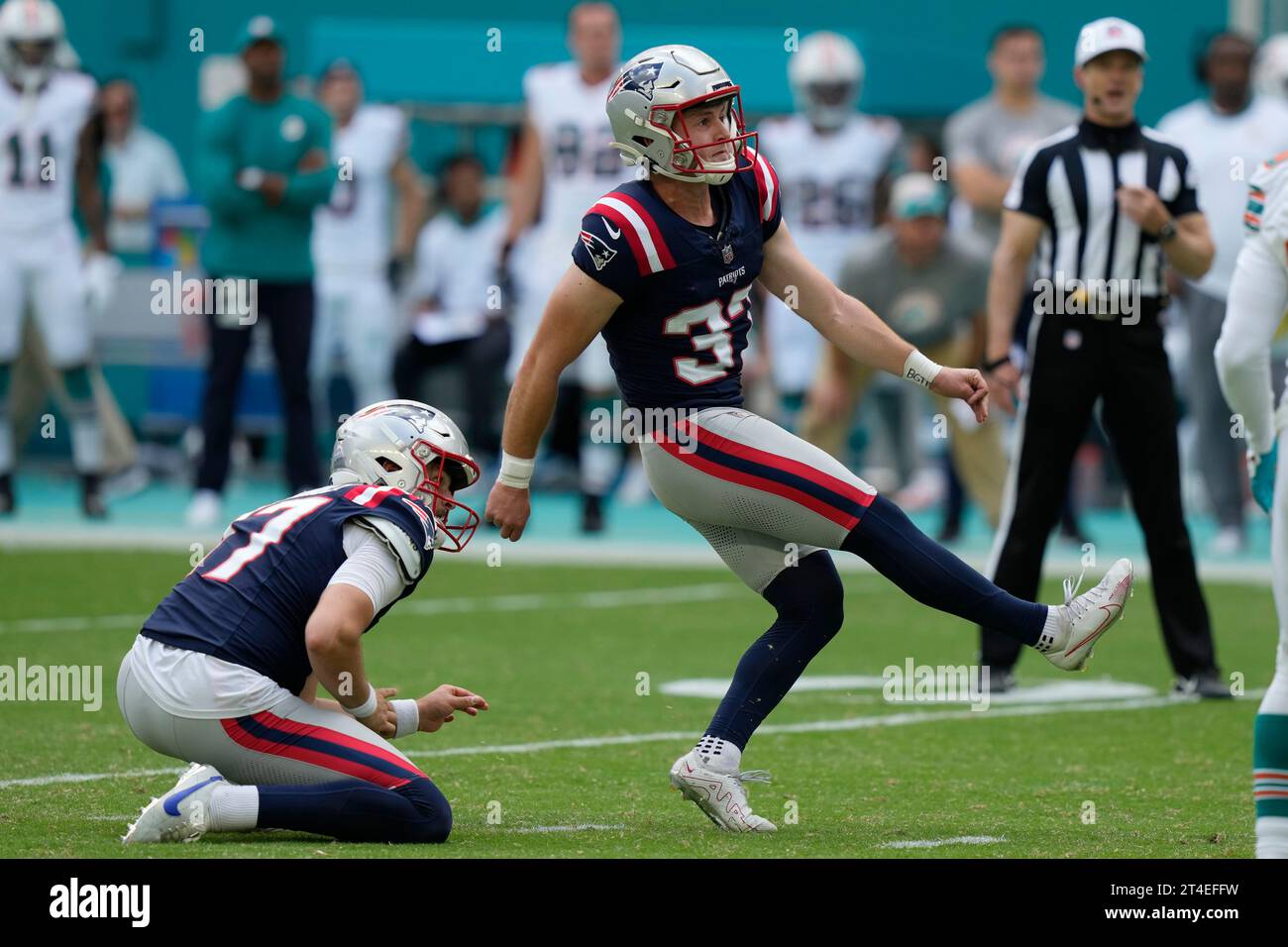 New England Patriots place kicker Chad Ryland (37) kicks a field goal ...