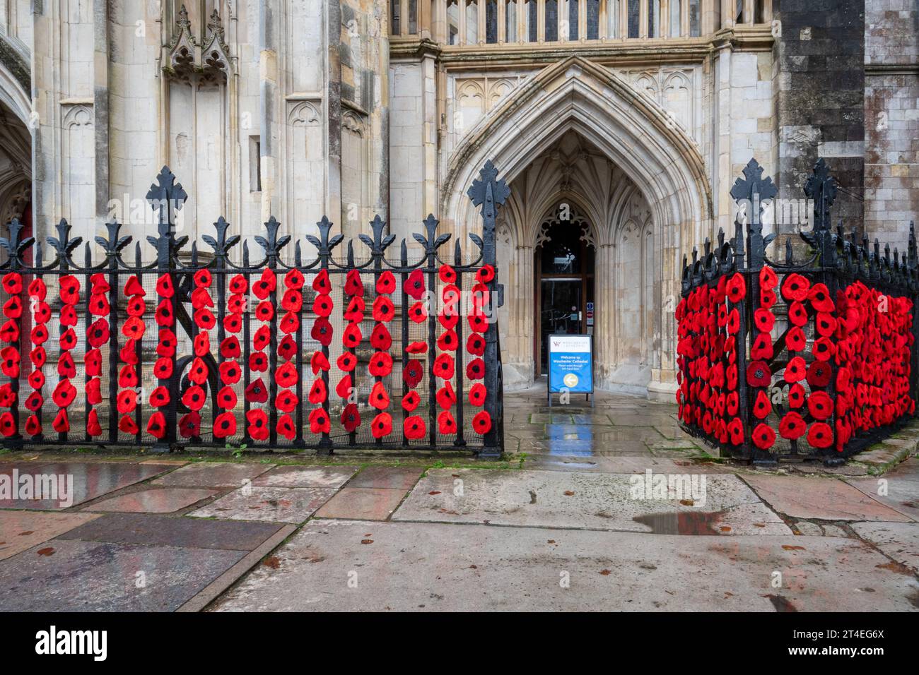 Poppy decorations, red poppies around Winchester Cathedral entrance ...