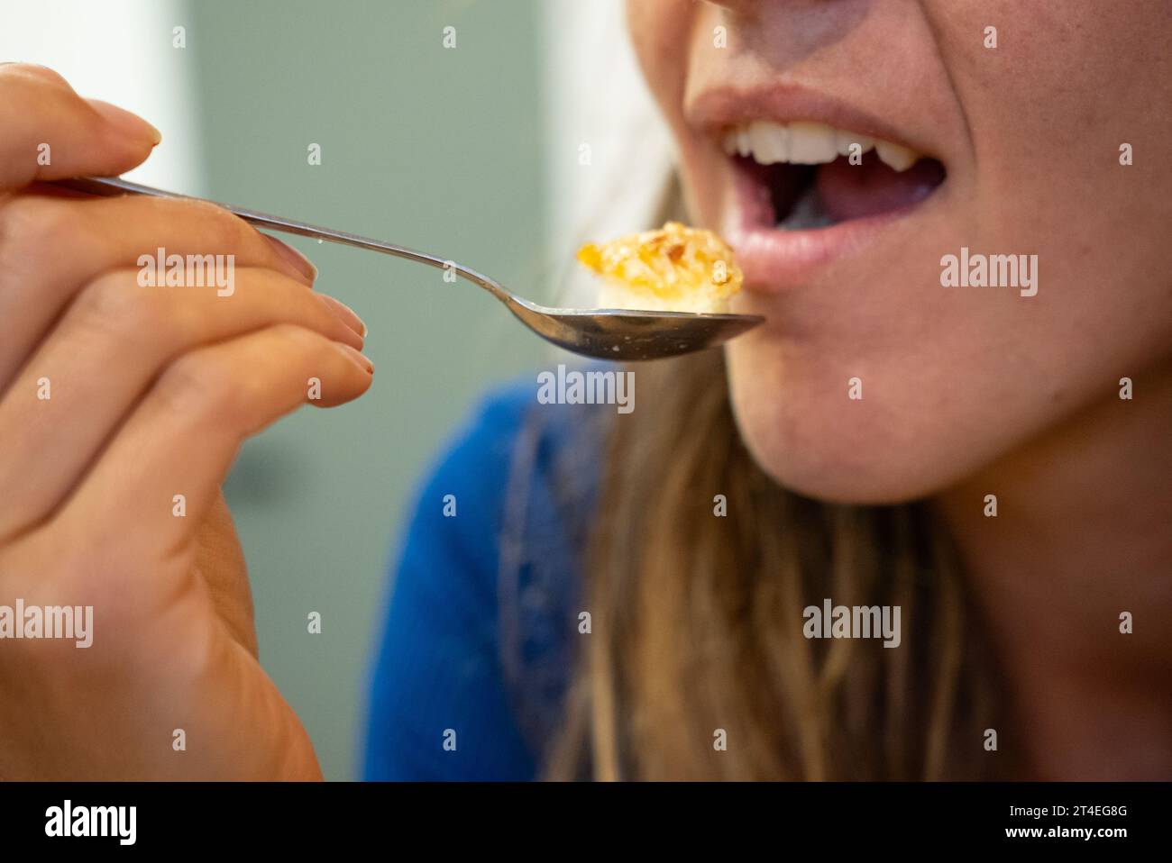 Woman Eats Food Woman Eats Cheesecake Close Shot Of Girl Eating Cake