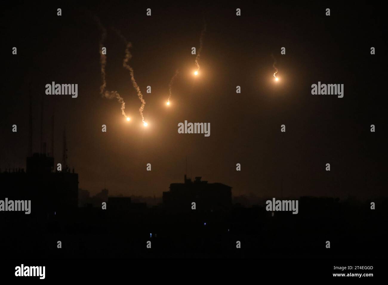 Gaza City, Palestinian Territories. 30th Oct, 2023. Lighting flares ...