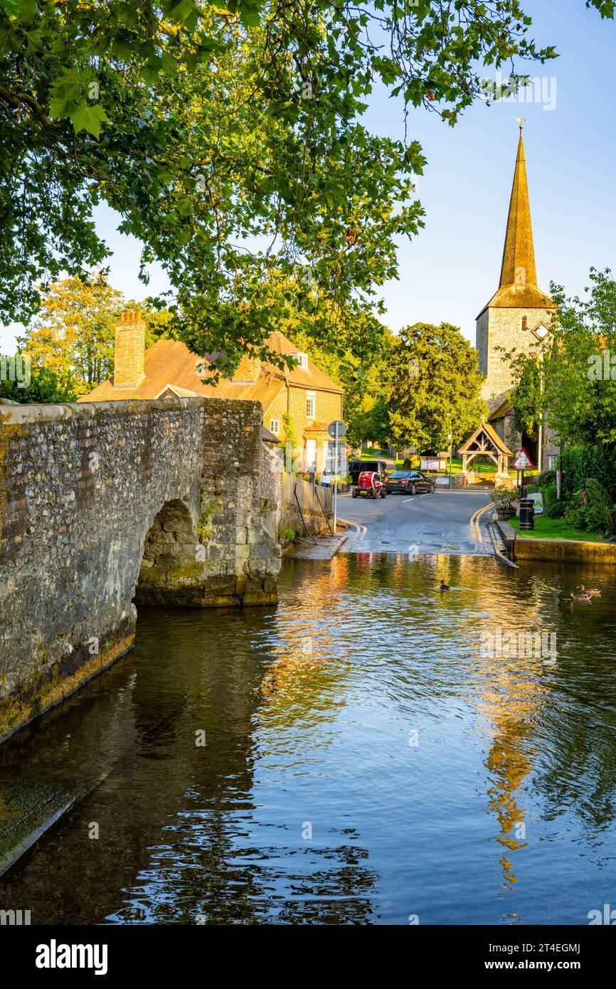 The River Darent and the ford, at Eynesford Kent, on a summer evening ...