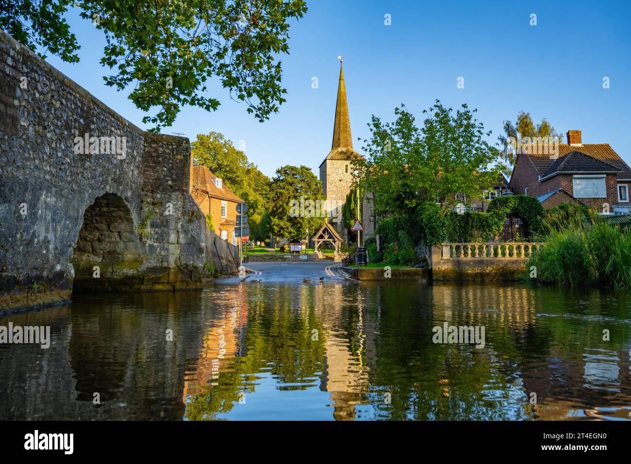 The River Darent and the ford, at Eynesford Kent, on a summer evening ...