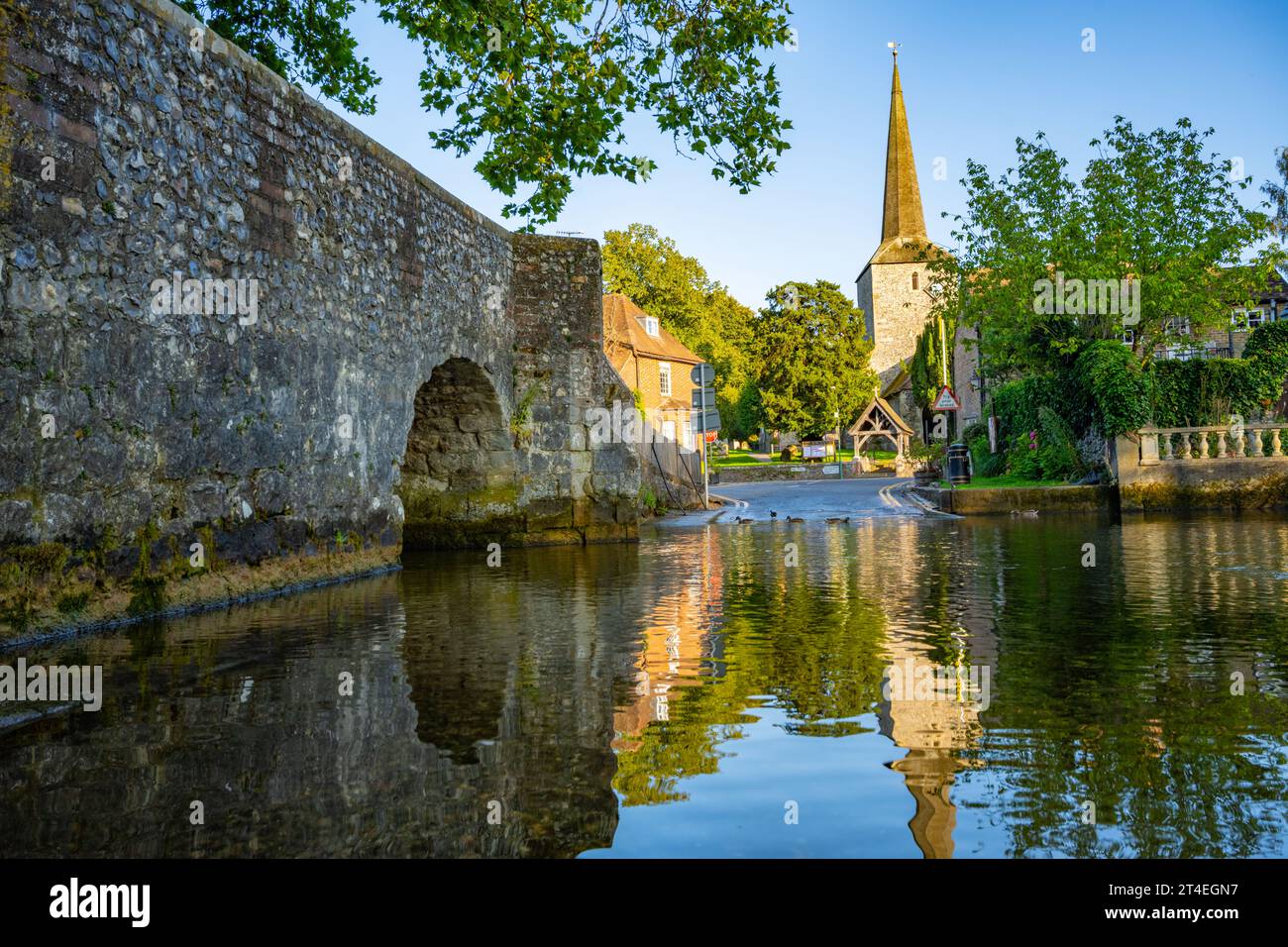 The River Darent and the ford, at Eynesford Kent, on a summer evening ...