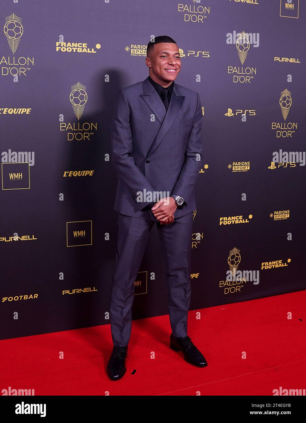 Kylian Mbappe arrives on the red carpet for the Ballon d’Or ceremony at ...
