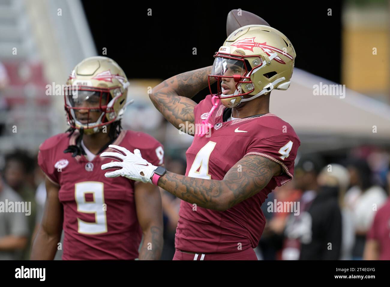 Florida State wide receiver Keon Coleman (4) warms up before an NCAA ...
