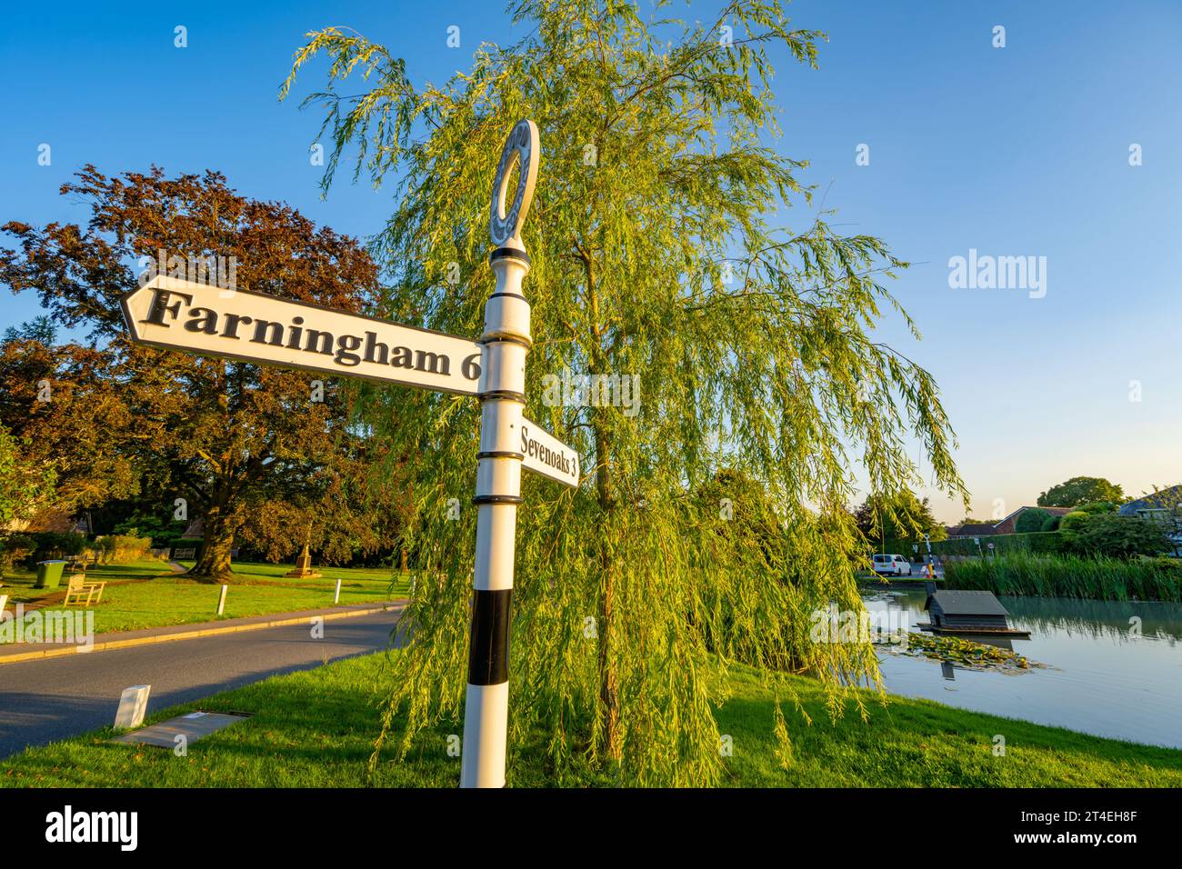 Signpost near the Listed duck pond on the roundabout in Otford Kent ...