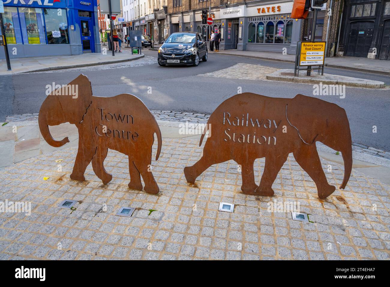 Street signs in the shape of elephants in Colchester Essex Stock Photo ...