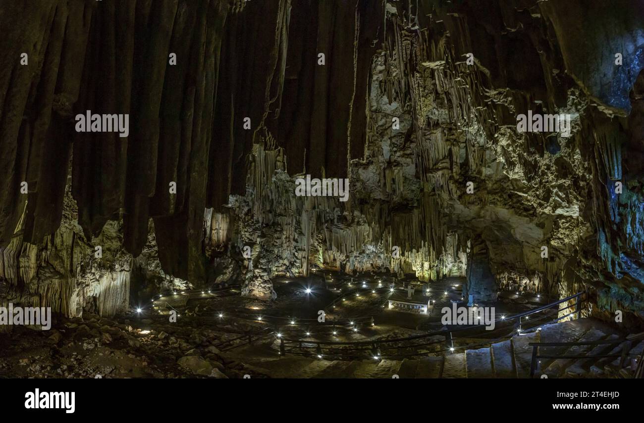 Panoramic picture of Melidoni Cave on crete island with altar and stone ...