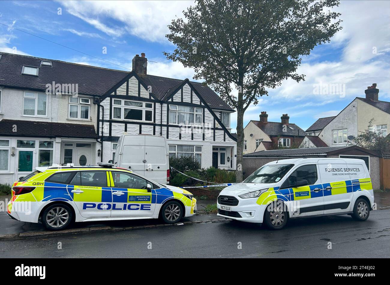 Police vehicles outside a property on Ash Tree Way, Croydon, where a 23 ...