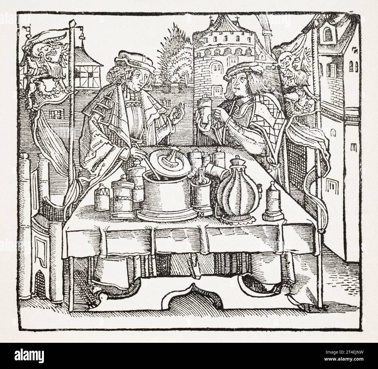 16th c. woodcut of Doctor and apothecary celebrating Venetian Theriac ...