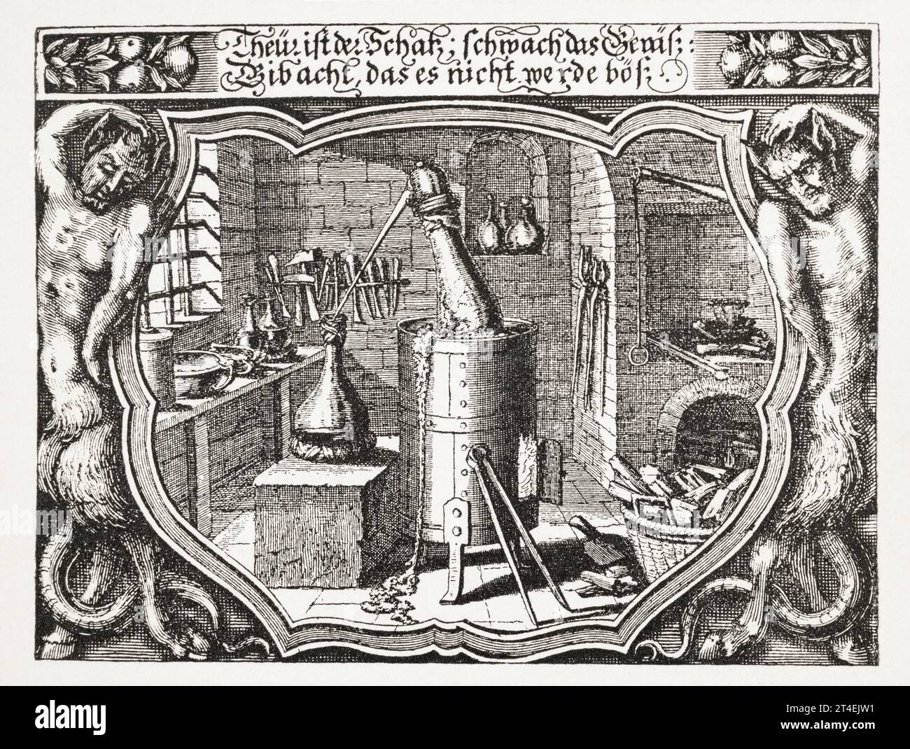 17th c. pharmacy / apothecary laboratory; portable stove with ...