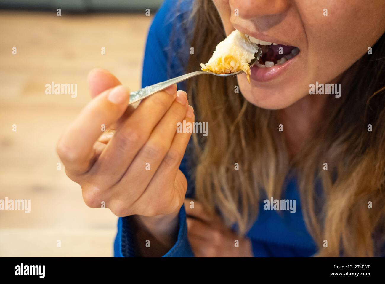 Woman Eats Food Woman Eats Cheesecake Close Shot Of Girl Eating Cake