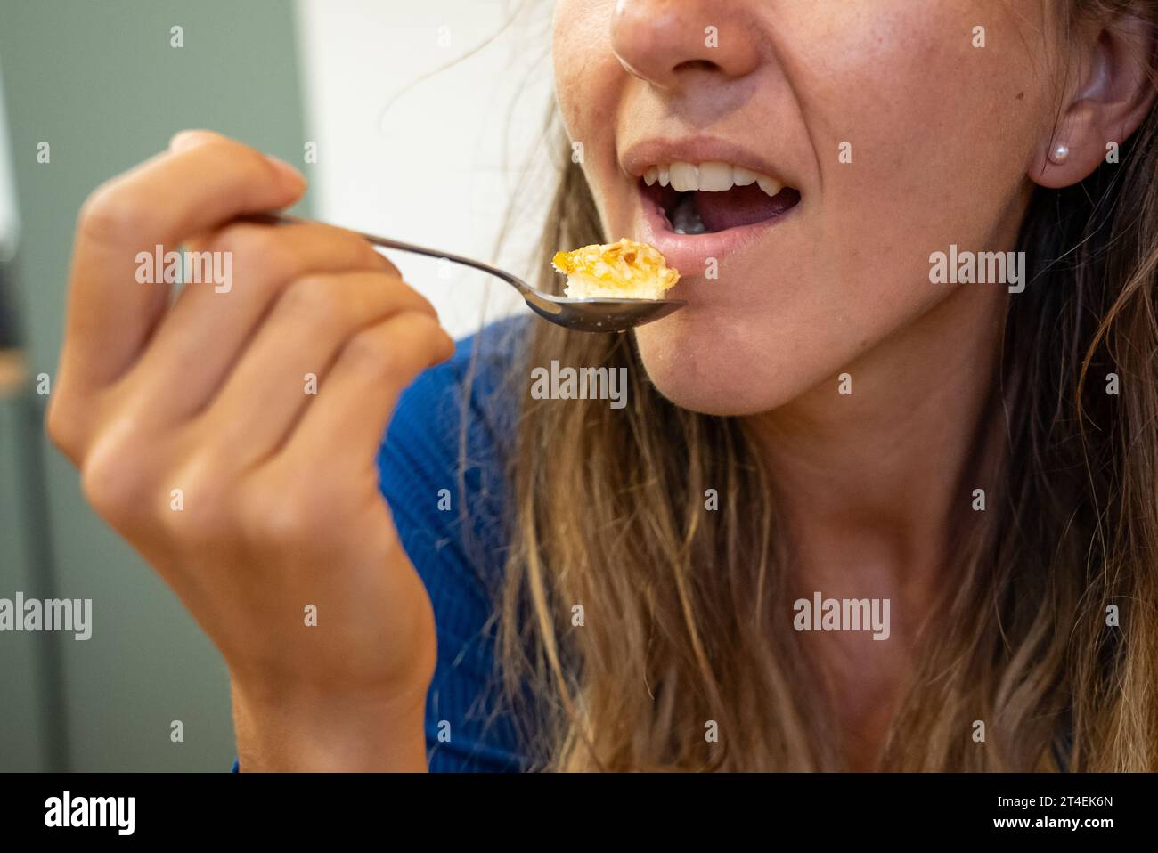 Woman Eats Food Woman Eats Cheesecake Close Shot Of Girl Eating Cake