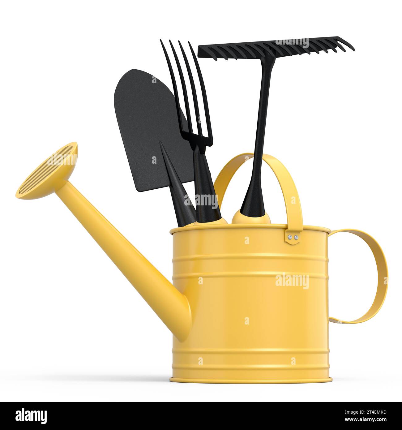 Watering can with garden tools like shovel, rake and fork on white ...