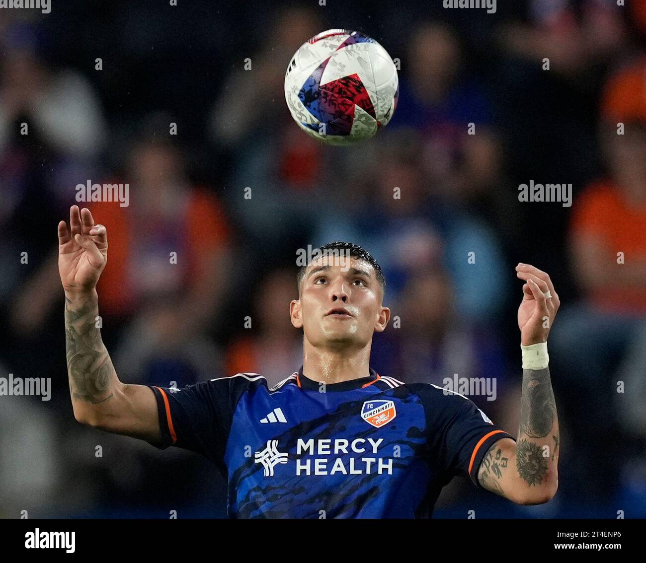 FC Cincinnati forward Brandon Vázquez (19) goes up to head the ball ...