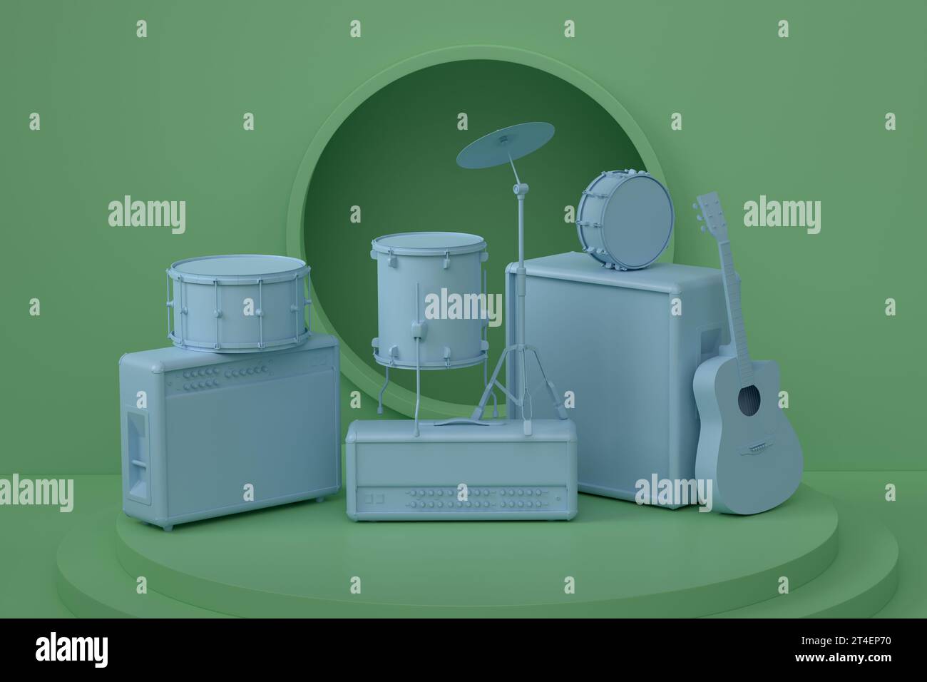 Acoustic guitars and drums with cymbals on podium or pedestal on ...