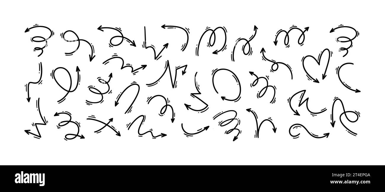 Doodle arrow set. Hand drawn curve, left, up and down direction. Swirl ...