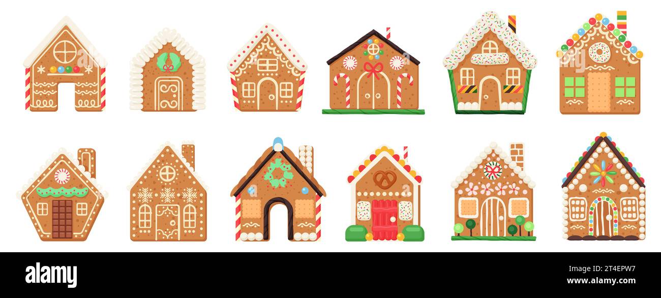 Gingerbread houses vector illustration set. Cartoon baked town ...