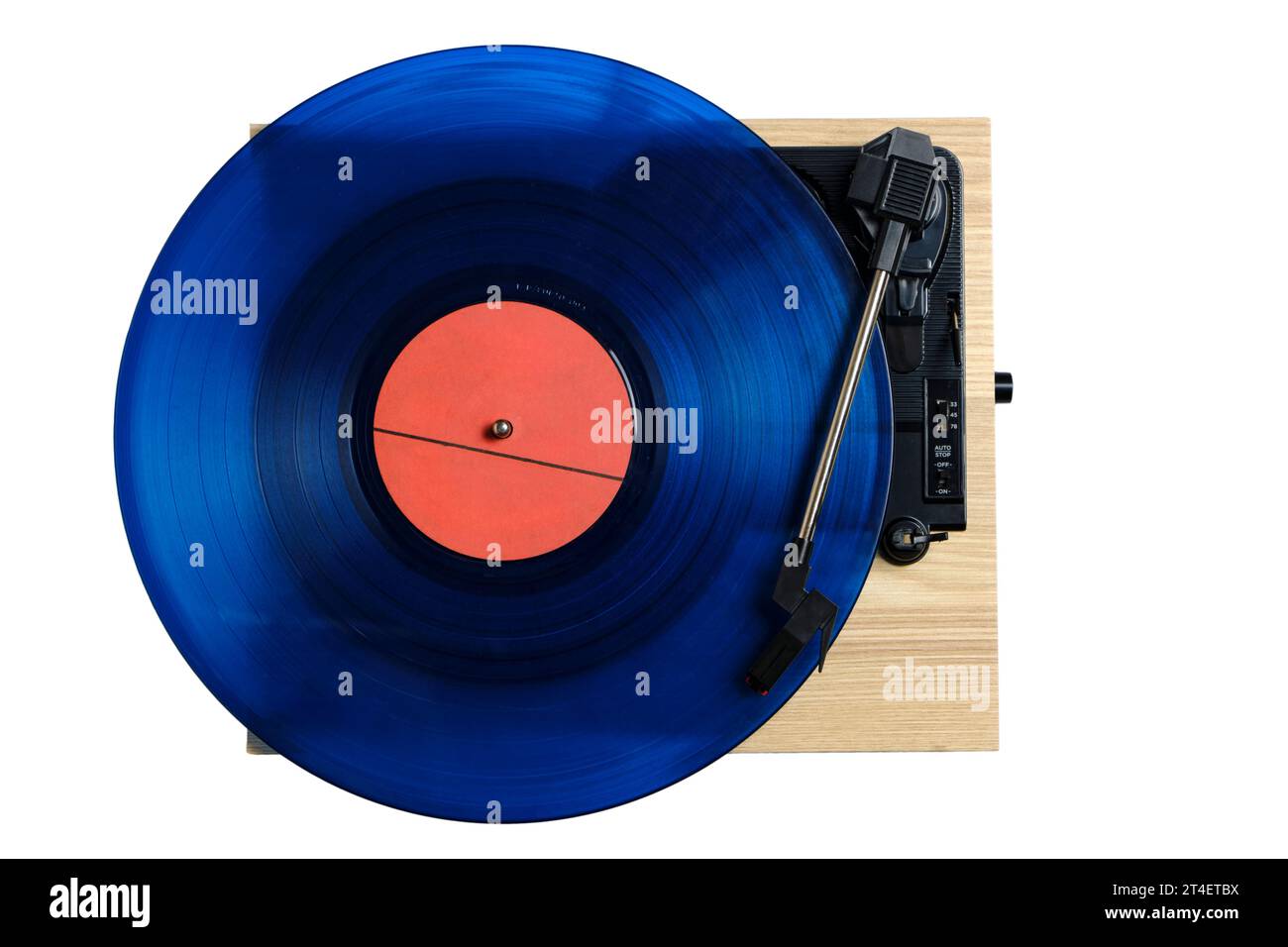 Vinyl record player with blue record installed top view white ...