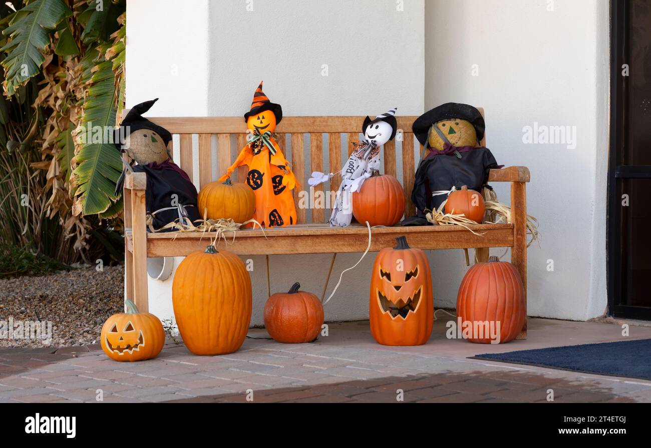 Creepy Pumpkins with Faces, Scary Scarecrows on Bench Are Traditional ...