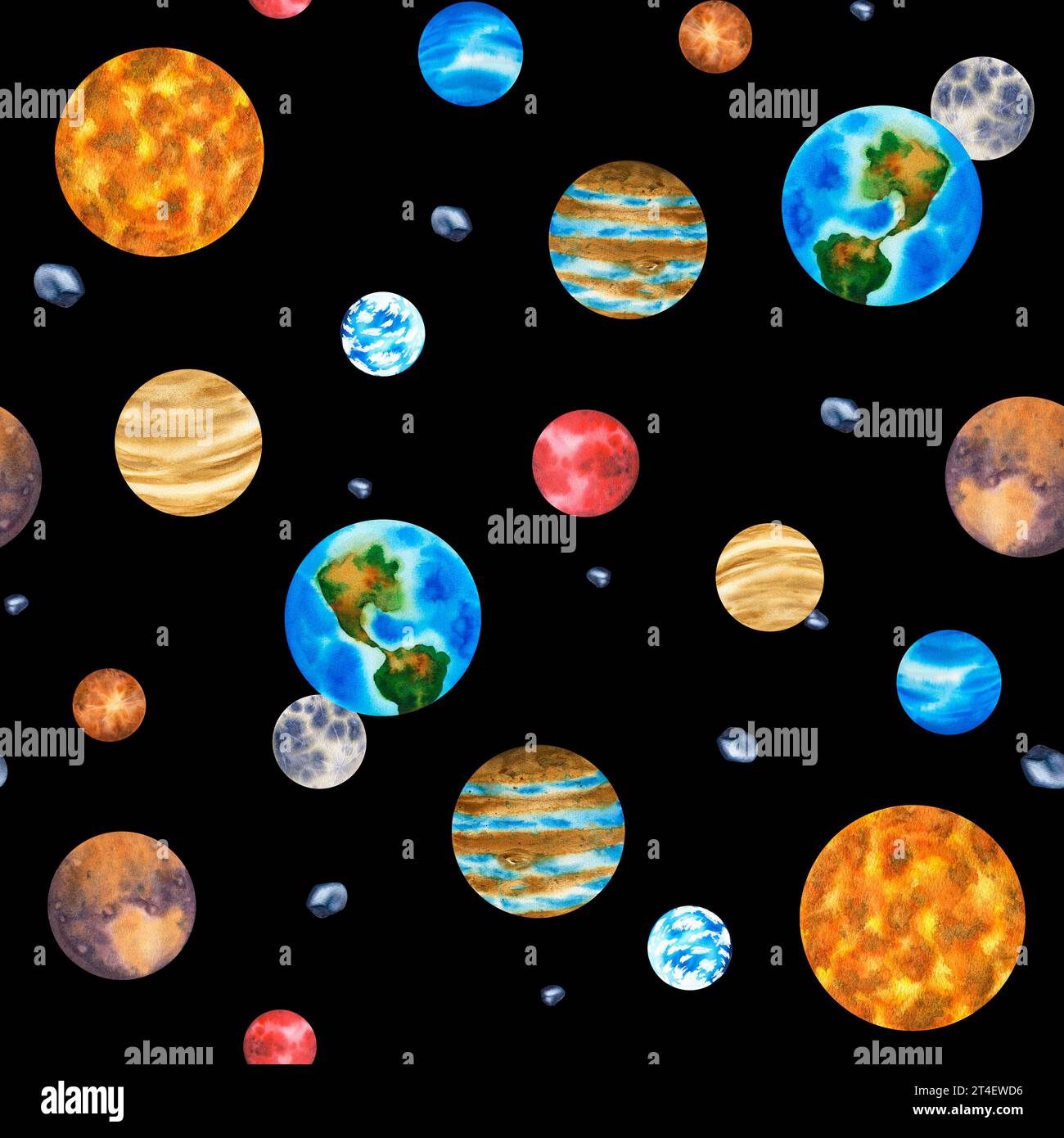 Seamless pattern galaxy with planets. Clip art solar system: sun, earth, moon, mercury, asteroid ...