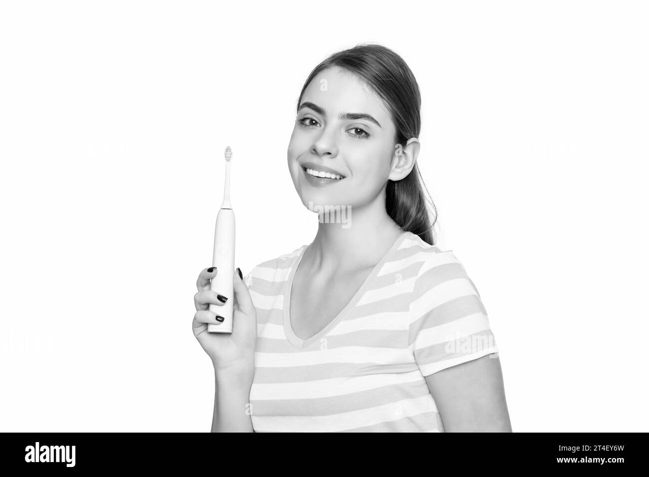Happy Girl With Electric Toothbrush Isolated On White Background Stock