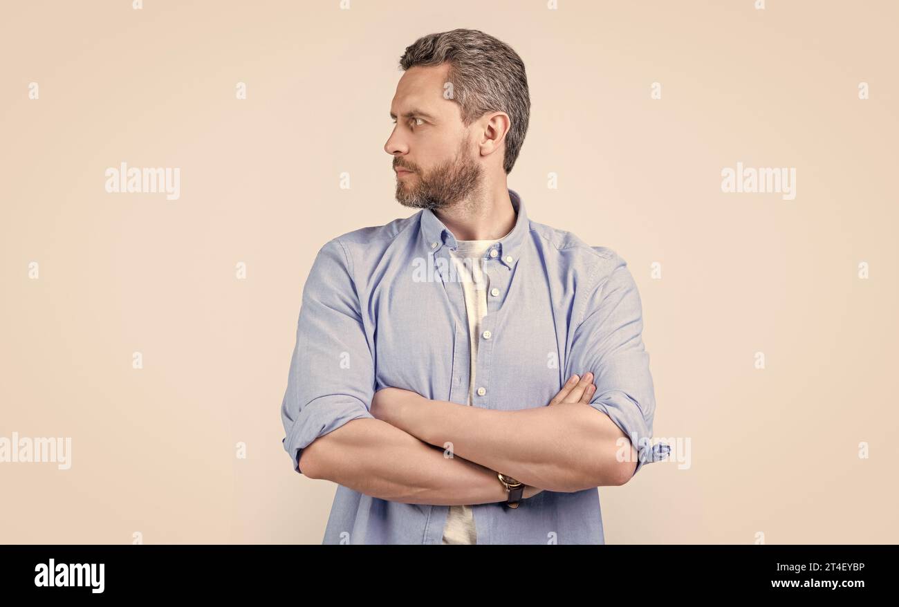 bearded caucasian man in casual style isolated on grey background ...