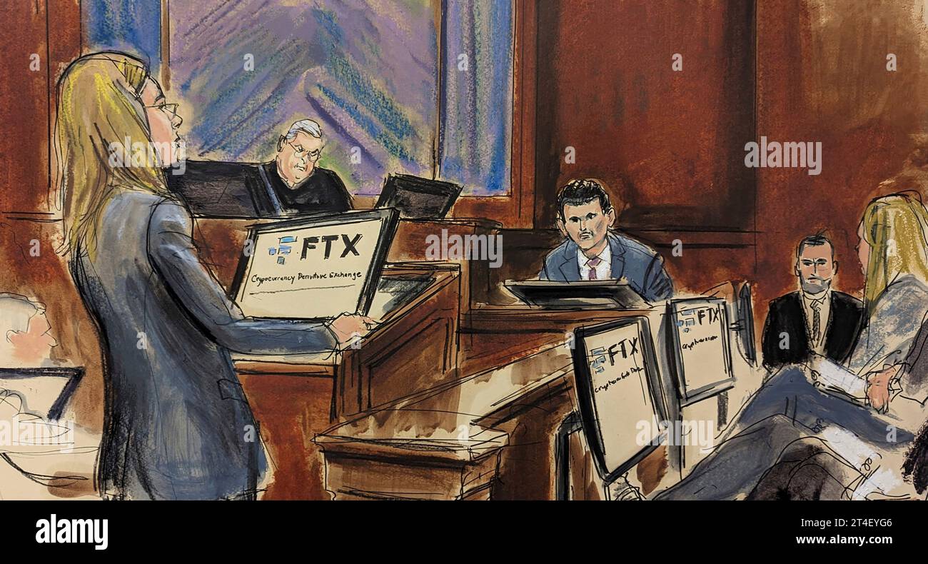 In this courtroom sketch, FTX founder Sam Bankman-Fried, background ...