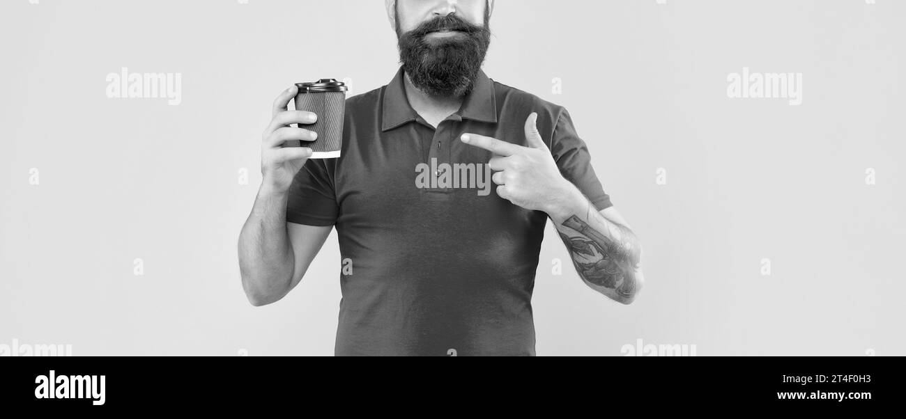 barista man crop view pointing finger at disposable cup paper-cup ...