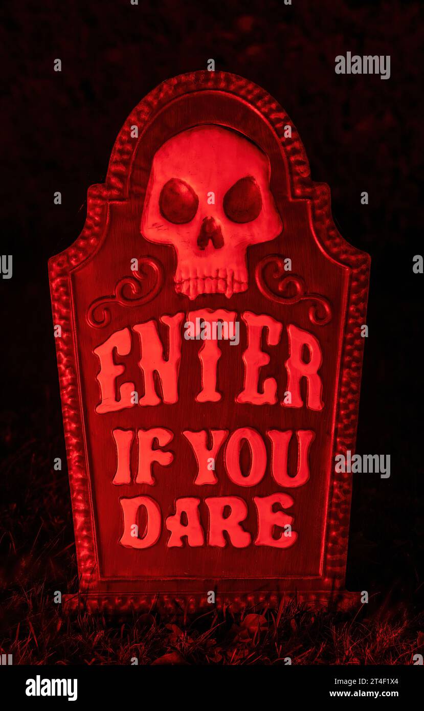 Halloween Red Lit Tombstone Decorating Yard at Night Stock Photo - Alamy