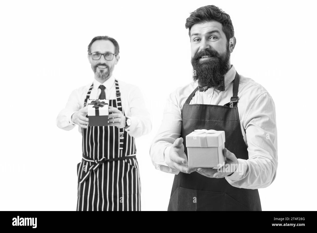 chefs compliment. men with gift. catering business. bearded men hold ...