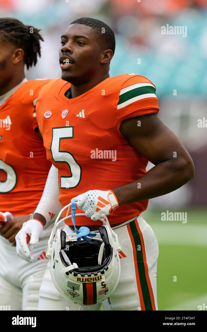 Miami safety Kamren Kinchens (5) walks to the sideline before an NCAA ...