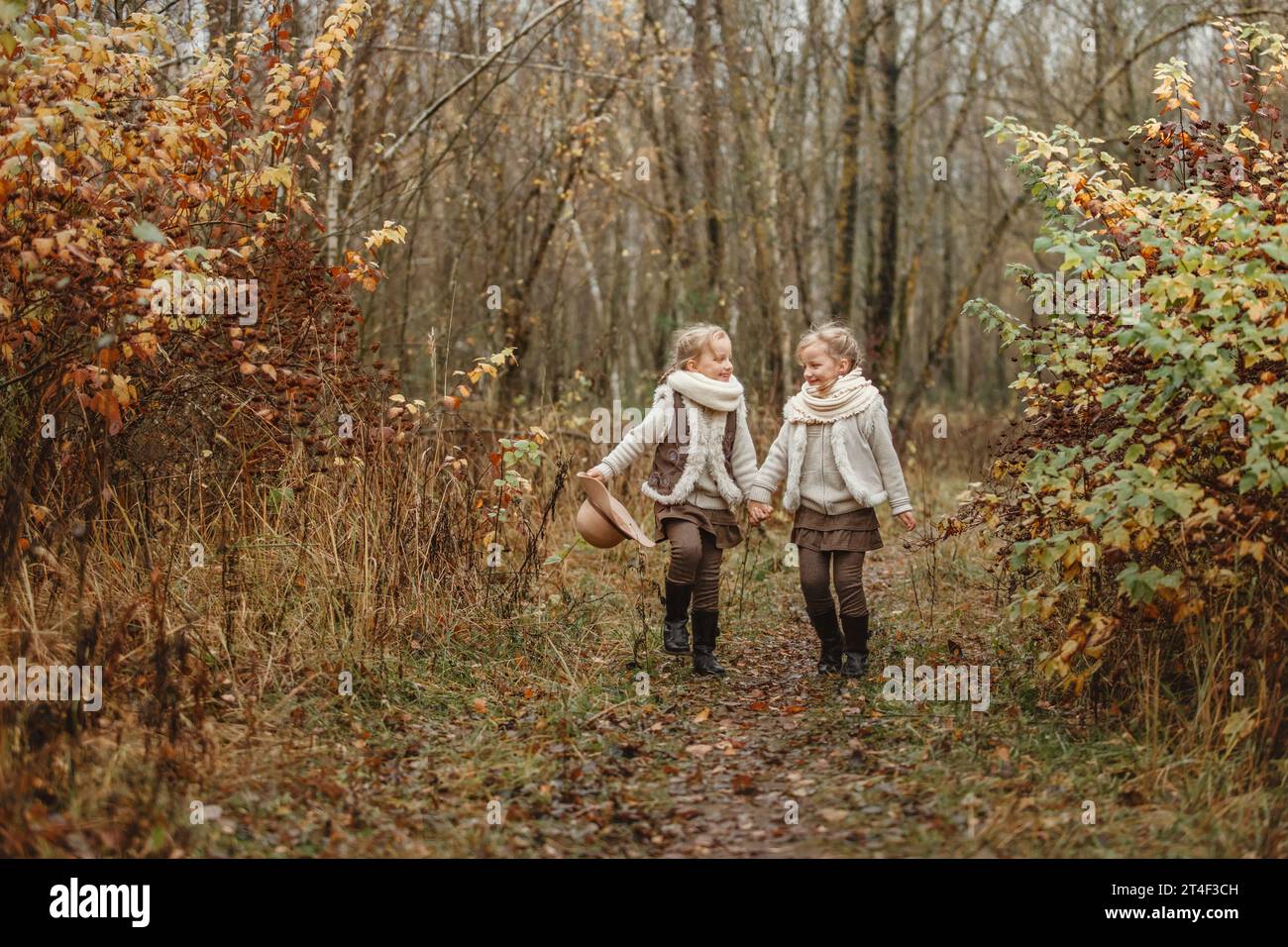 Twin girls play in the autumn park. Horizontal frame Stock Photo - Alamy