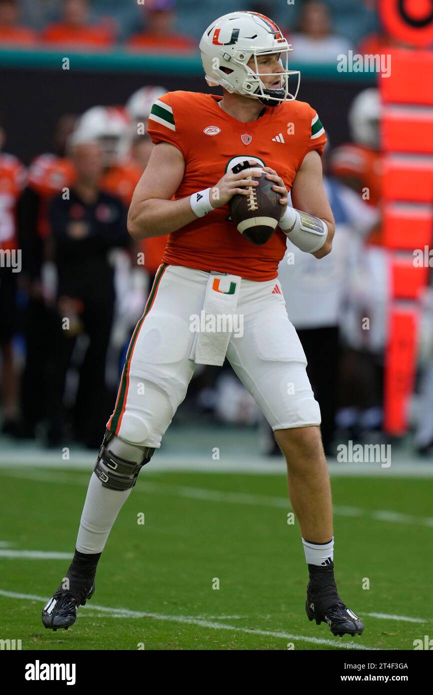 Miami quarterback Tyler Van Dyke looks to pass during the first half of ...