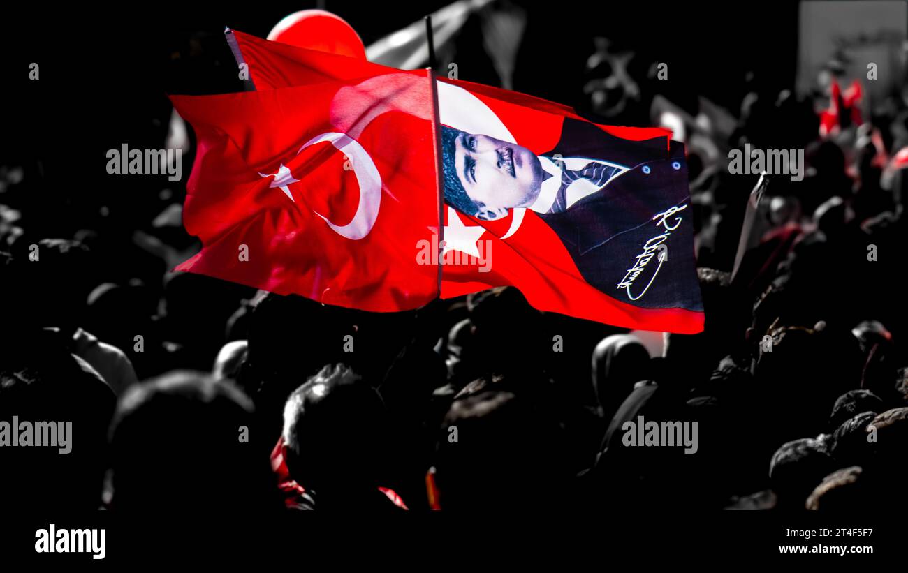 Ataturk portrait and the Turkish flag. November 10th Ataturk Memorial ...