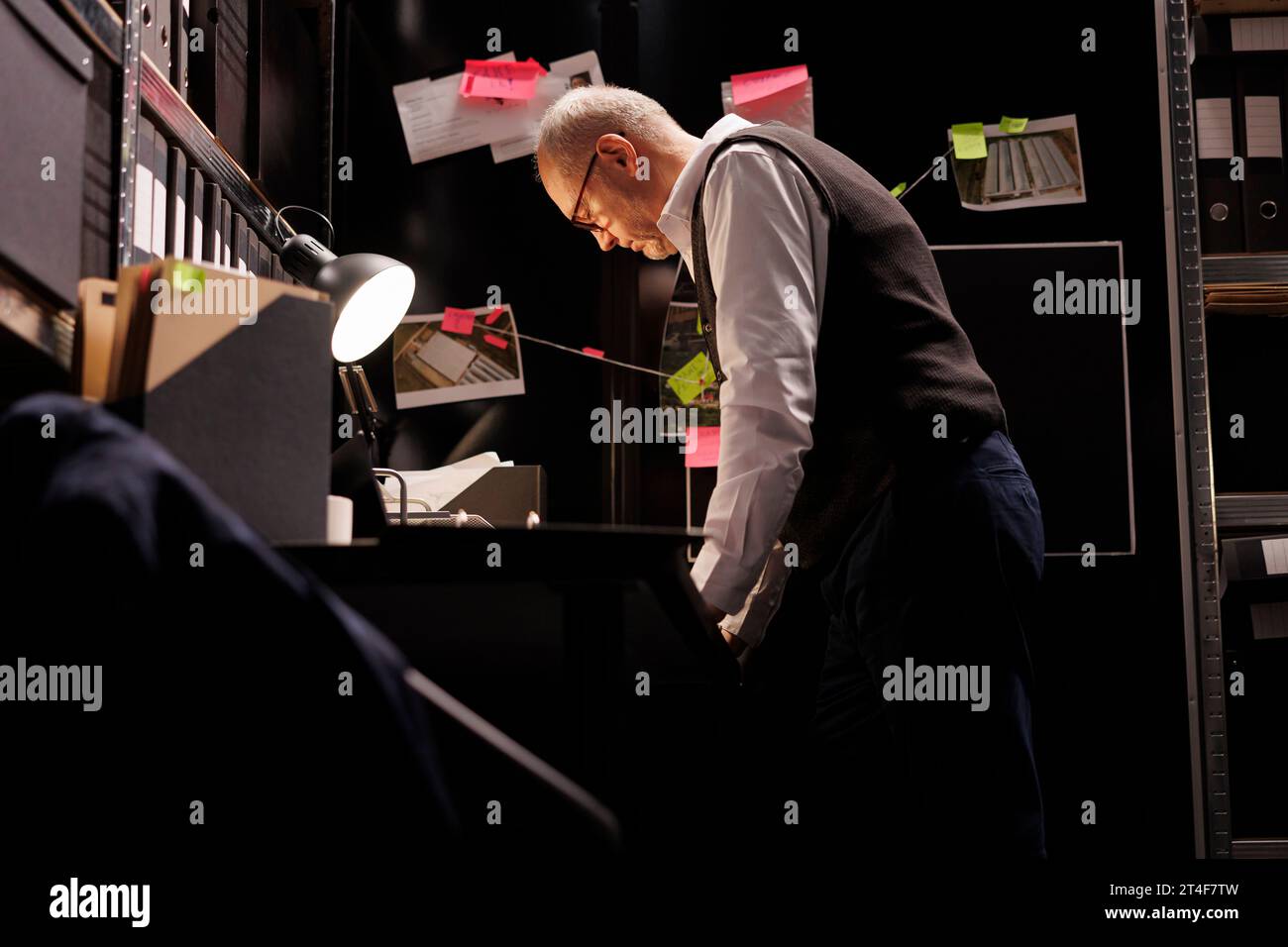 Private detective analyzing mysterious crime scene evidence, working ...