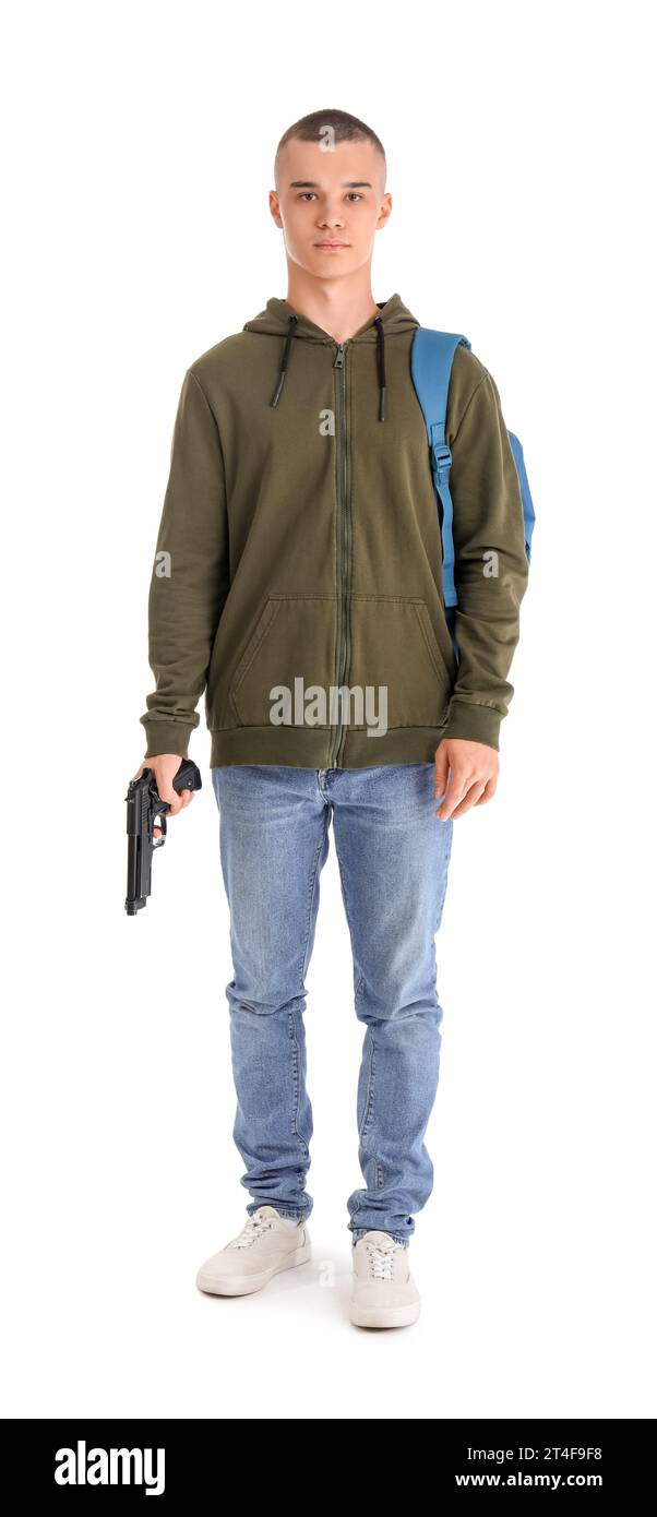 Male student with gun on white background. School shooting concept ...