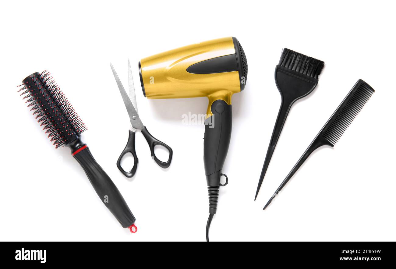 Professional hairdresser's equipment on white background Stock Photo ...