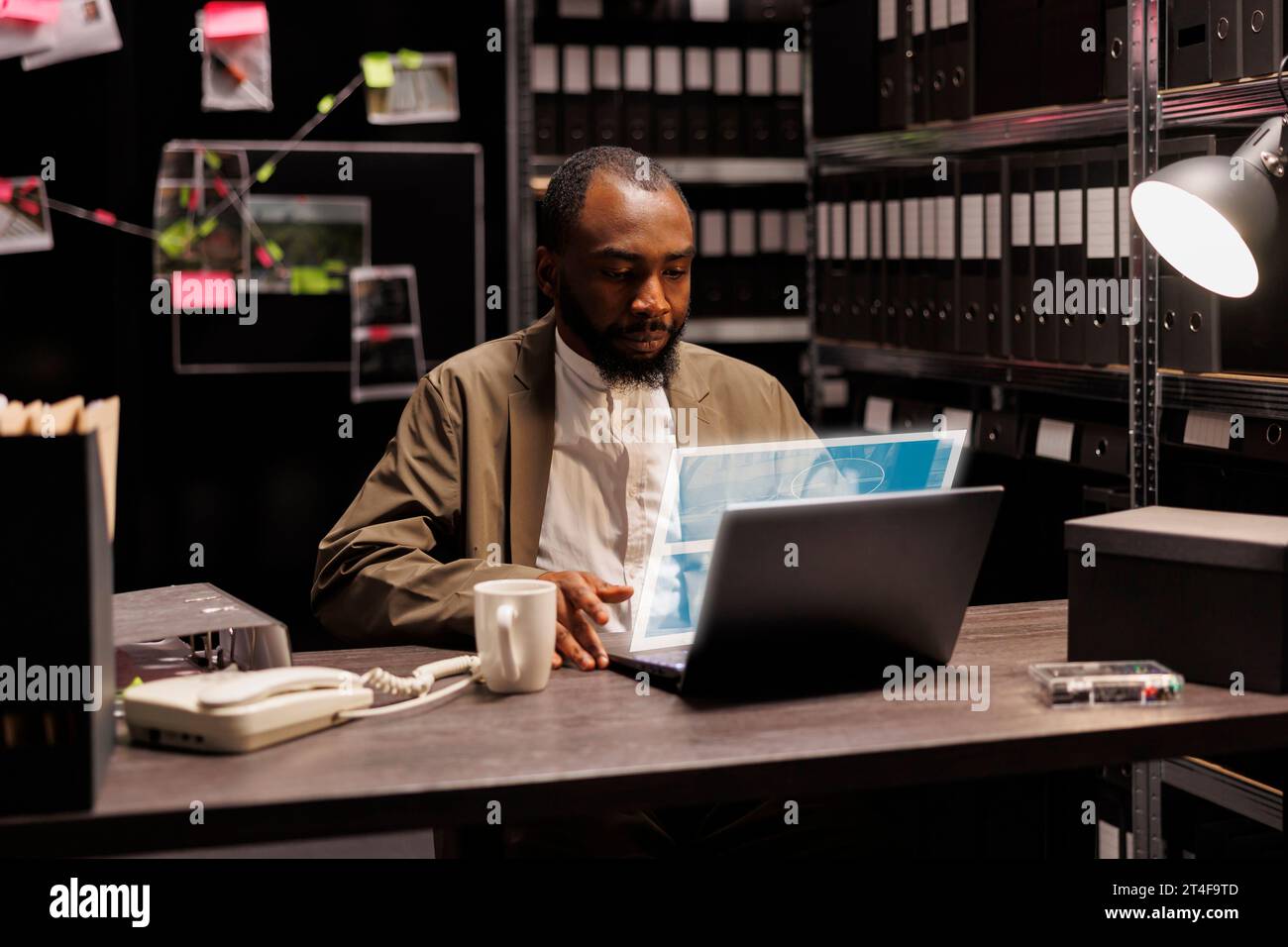 Young investigator analyzing augmented reality clues, examining ...