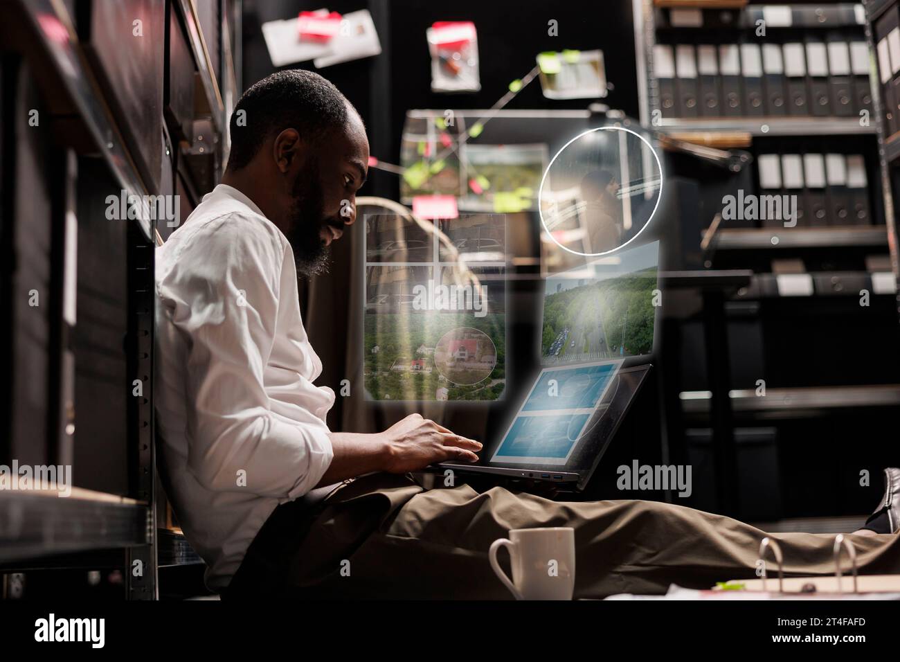 Professional detective working with holograms, planning private ...