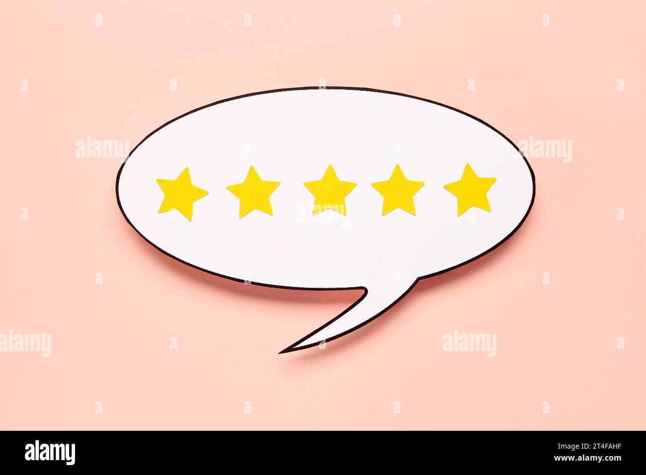 Speech bubble with five stars rating on pink background. Customer ...