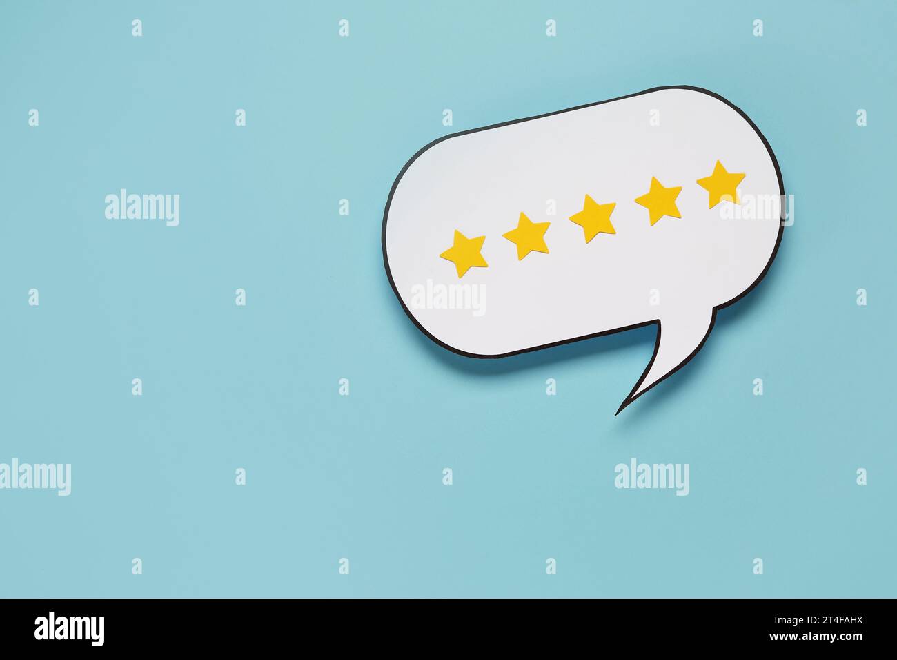 Speech bubble with five stars rating on blue background. Customer ...