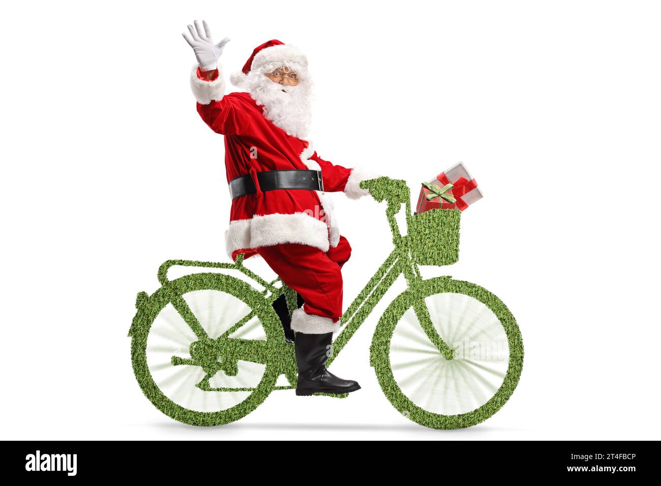 Full length profile shot of Santa Claus riding a green eco bicycle ...
