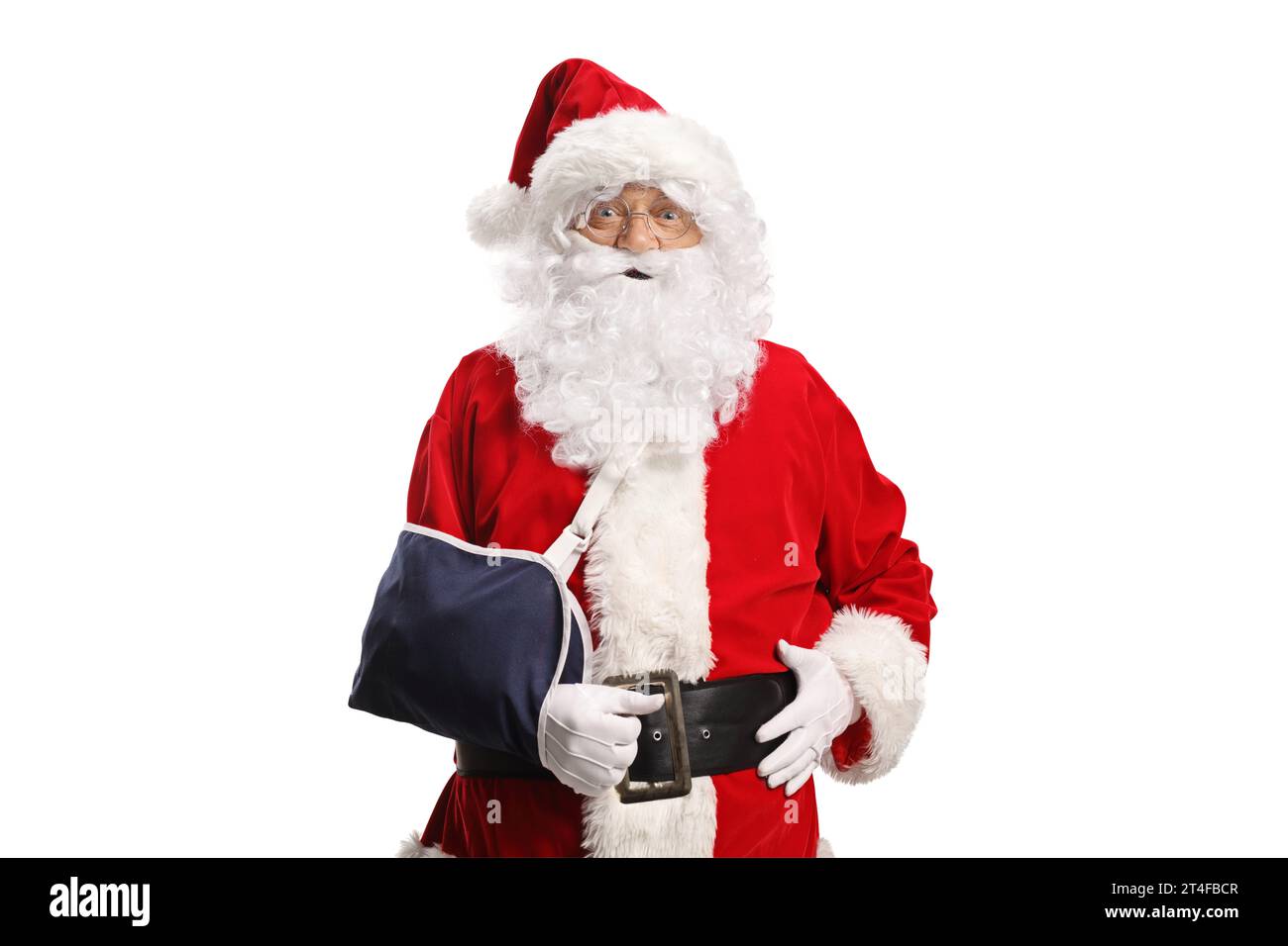 Santa Claus with an arm injury wearing a sling isolated on white ...