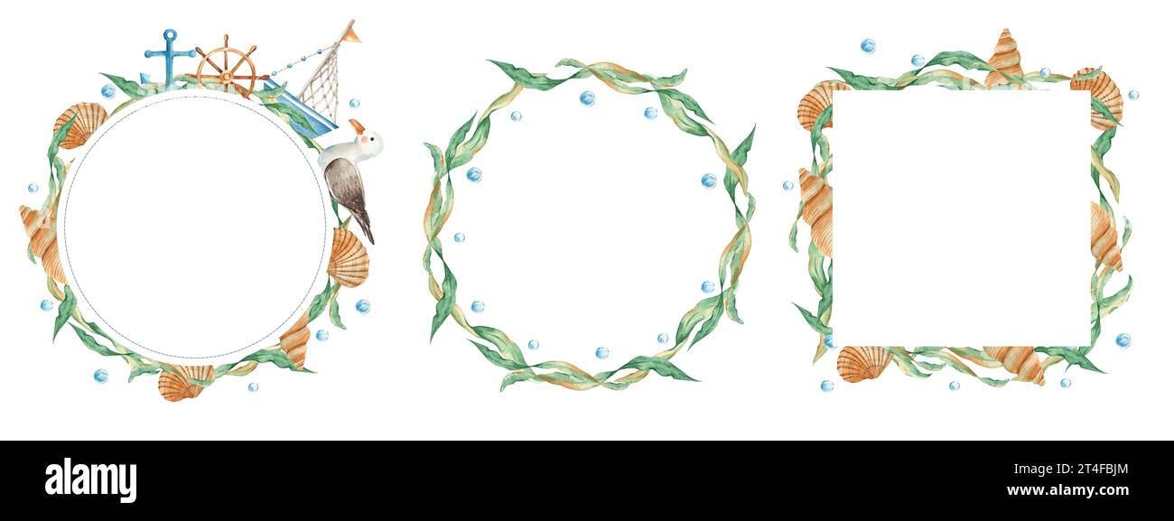 Set of sea circle and square frames. Wreaths with cute watercolor ship ...