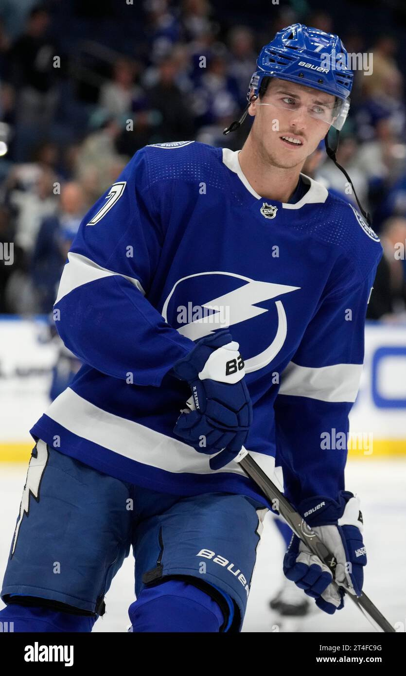 Tampa Bay Lightning defenseman Haydn Fleury (7) before an NHL hockey ...