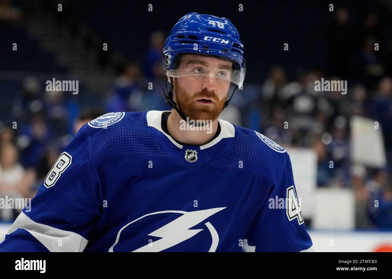 Tampa Bay Lightning defenseman Nick Perbix (48) beforean NHL hockey ...