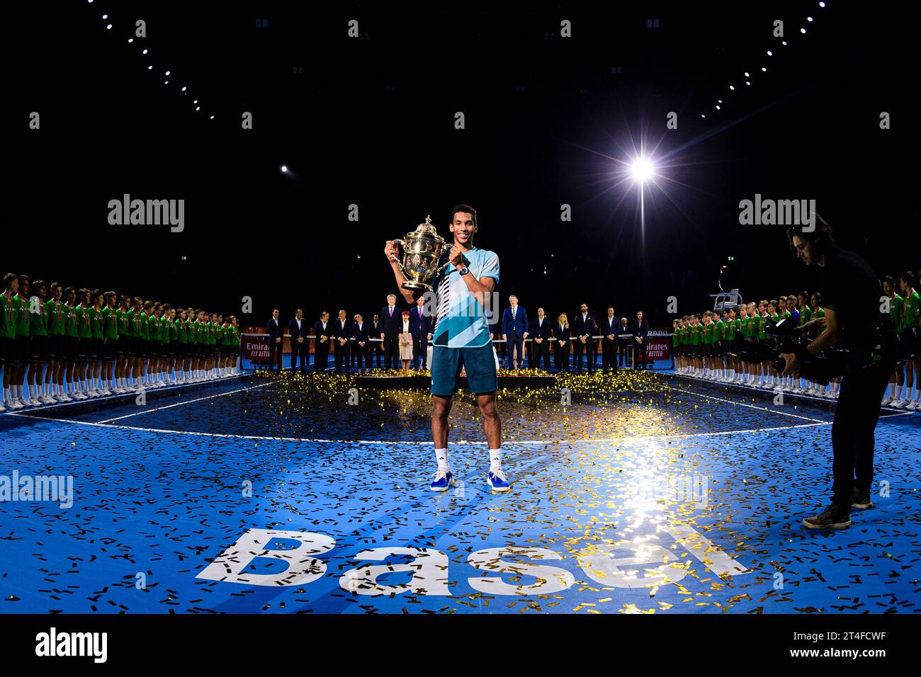Basel, Switzerland. 29th Oct, 2023. Felix Auger-Aliassime of Canada celebrating with his trophy ...
