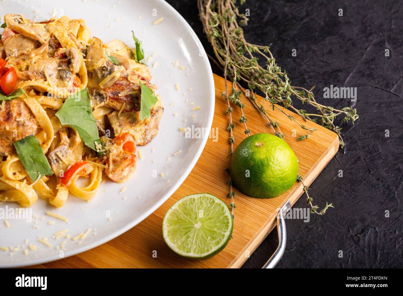 Lemon Pasta with Smoked Charcoal Chicken - Mushrooms, Cherry Tomato ...